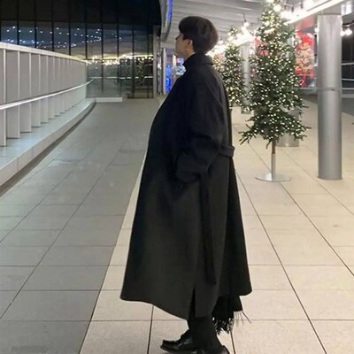 Korean Style Men Woolen Coat Lapel Double Breasted Mid-lengt