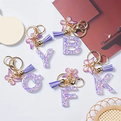 A-Z Sequins Initial Letter Keychain Purple Butterfly Tassel