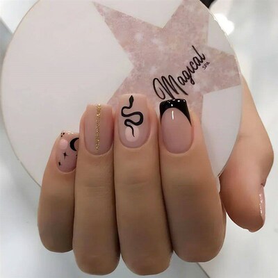 24Pcs Short Square Coffin False Nails Fake Nail with Glue Fr