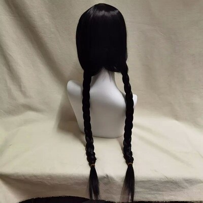 Wednesday Addams Cosplay Wig Long Black Braids Hair Heat Res