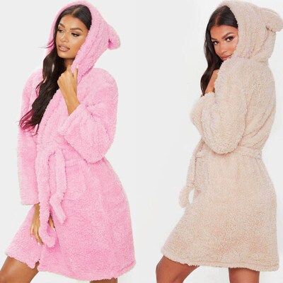 Women Warm Kimono Robe Plush Fleece Bathrobes Soft Long Slee