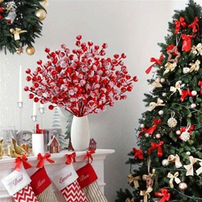 10Pcs Snow Frosted Red Berry Stems Holly Frosted Berry