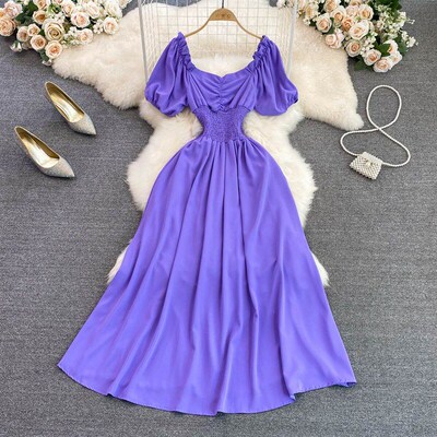 2025 Summer VNeck Bubble Sleeve Dress WaistDefined Slimming