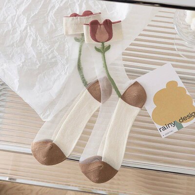 Women Transparent Crystal Silk Socks Embroidery Flower Elast