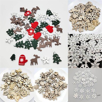 50pcs Wooden Ornaments Christmas Wood Decorative Claus Snowf