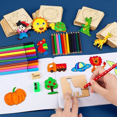 20Pcs Kids Wooden Drawing Stencils Kit DIY Decor Reusable Ed