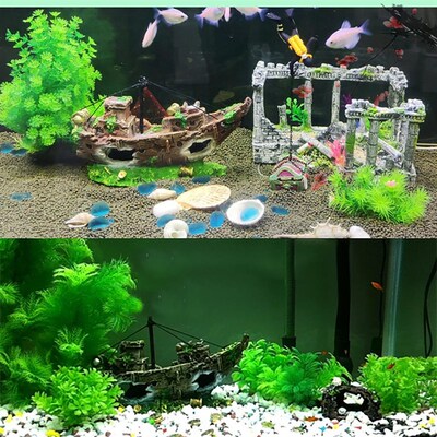 Small Landscaped Aquarium Pirate Fish Tank Boat Artificial O