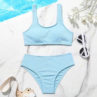 7-14 Years Girl Swimsuit Kids High Waist Bikini Set Solid Ri