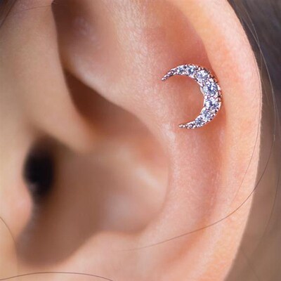 1PC G23 Titanium&Steel 16G CZ Gem Moon Labret Lip Bar Ring C