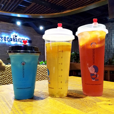 90口径奶茶杯子370/0/700ML多啦梦一次性果汁饮料塑料杯1000只