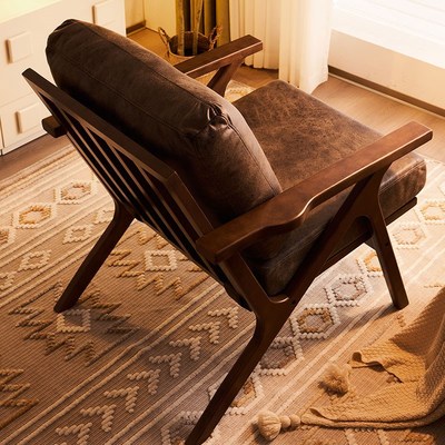 设计师沙发椅油蜡皮木质接待洽谈会客售楼处高级复古单人位靠椅