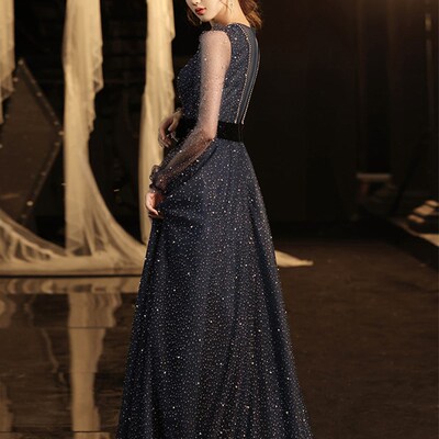 Navy Blue Deep V Neck Beading Slim Starry Evening Dress Fant