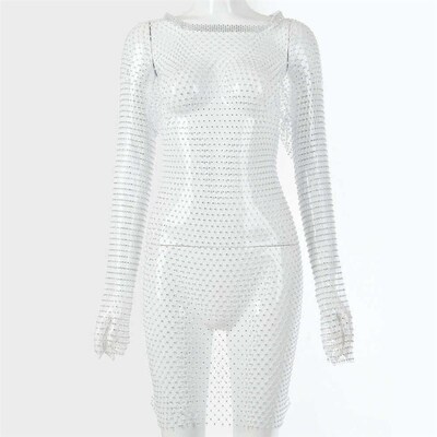 Womens explosive mesh flash diamond round neck bodysuit白色