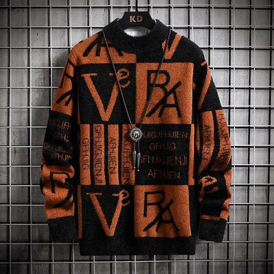 Men Knitted Sweater Stripe Pullovers Printing Round Neck Swe