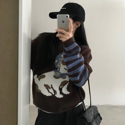 实拍  超好看减龄小狗条纹假两件宽松毛衣