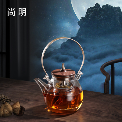 尚明杜兰月轮蒸煮茶壶家用耐热玻璃提梁泡茶壶老白茶蒸煮一体茶壶