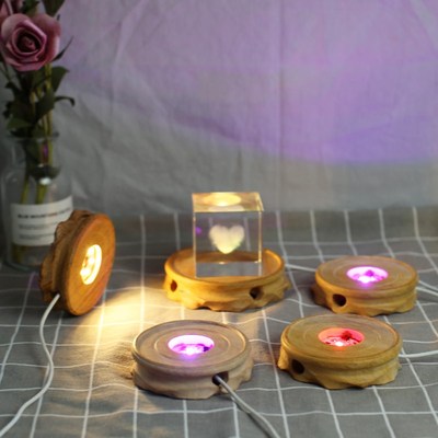 圆形底托根雕实木发光底座  LED白光暖光小夜灯  diy木质桌面摆件