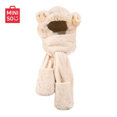 MINISO名创优品帽子小熊毛绒帽女冬季可爱熊耳三合一一体围巾手套