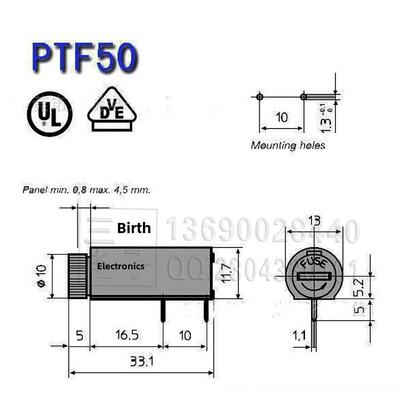 Ptf-50保险丝座/保险丝座5X20Mm 10A 6.3A250V耐高温水平保险丝盒
