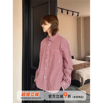 美国红色格纹长袖男女情