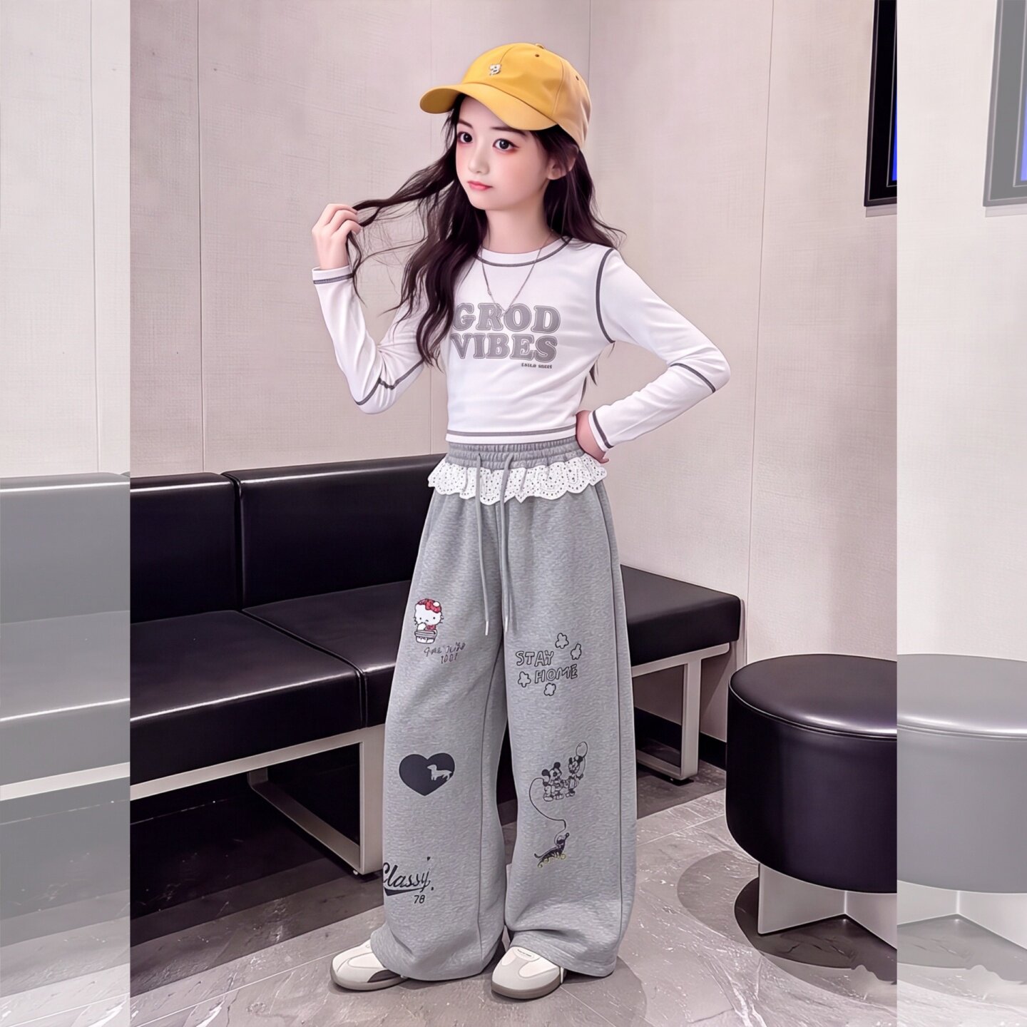 女童独特超好看裤子秋装2026新款儿童印花针织裤女大童秋季运动裤