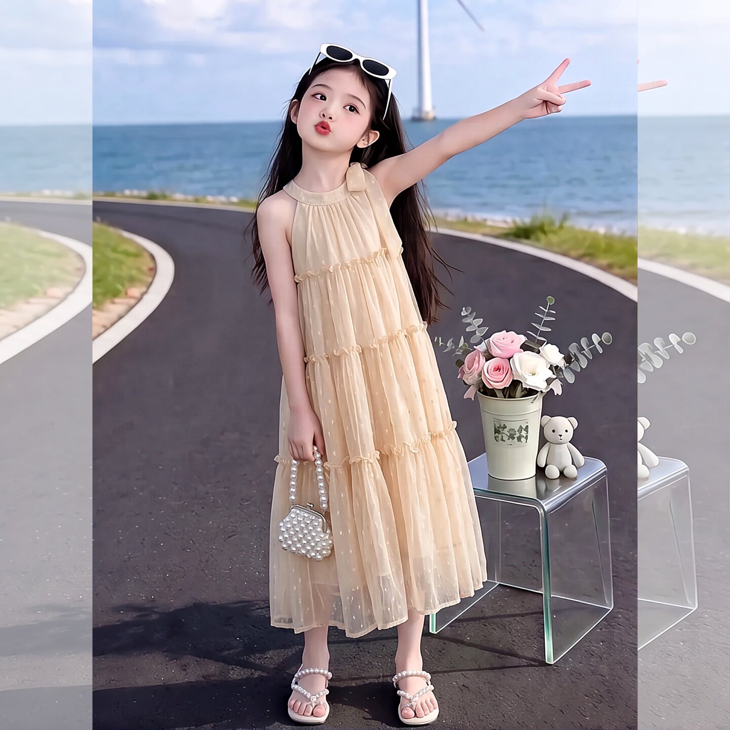 女童裙子夏薄款2026新款女大童洋气沙滩吊带裙女孩波西米亚连衣裙