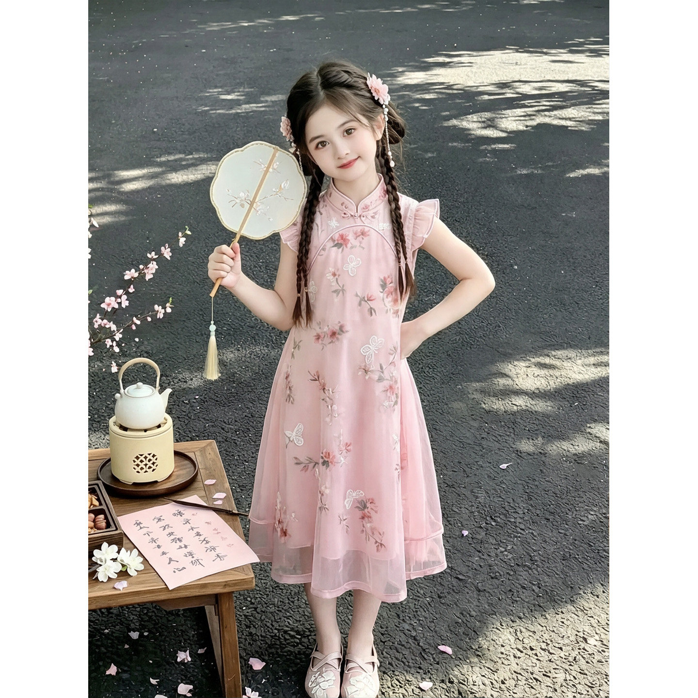 女童旗袍连衣裙夏季中国风碎花飞袖立领公主裙洋气小女孩儿童裙子