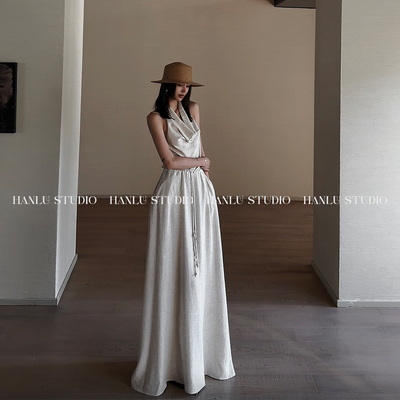 hanlu studio品牌ss26原创棉麻挂脖露背定制原麻色纹理收腰连衣裙