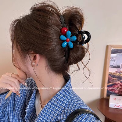 蓝色花朵圆珠抓夹女2026新款大号发量大鲨鱼夹高级感发夹百搭发CH
