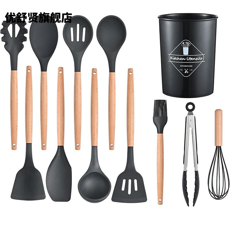 矽胶厨具2件套厨房不沾锅烹饪锅铲煎铲木柄桶装厨房工具套装