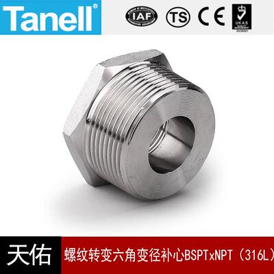 螺纹转变六角变径补心BSPTxNPT（316L 外BSPT-内NPT）