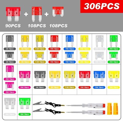 爆款供应306pcs汽车插片保险丝盒装锌铝片中小号保险片+试电笔