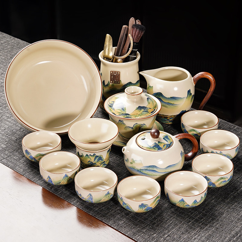 江山如画汝窑茶具套装家用轻奢功夫泡茶器茶壶茶杯茶盘茶具一整套