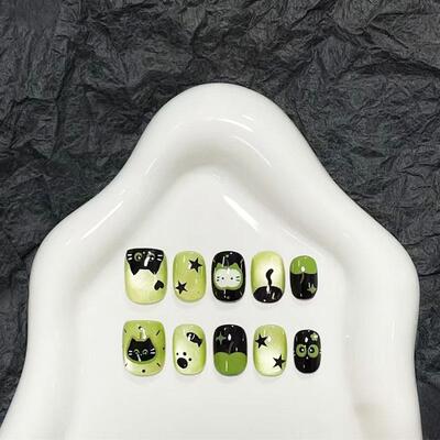 青苹喵喵猫眼穿戴甲黑色小猫可爱卡通清新简约新短款豆豆美甲贴片