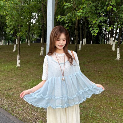 夏季网纱双层蕾丝甜美显瘦两件套