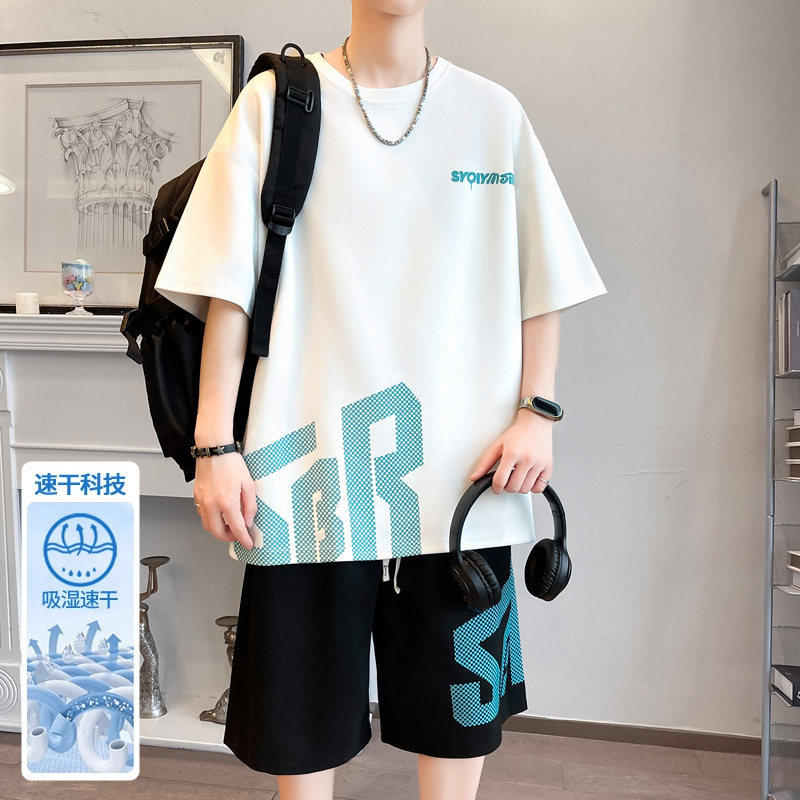 夏季少年感穿搭速干清爽短袖短裤套装时尚字母设计宽松男生两件套