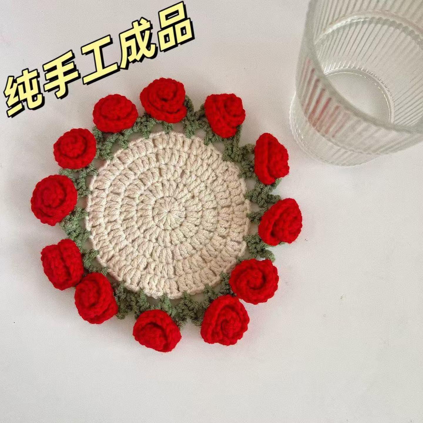 成品手工玫瑰花束杯垫毛线钩织杯编织花朵文化创意杯垫餐垫