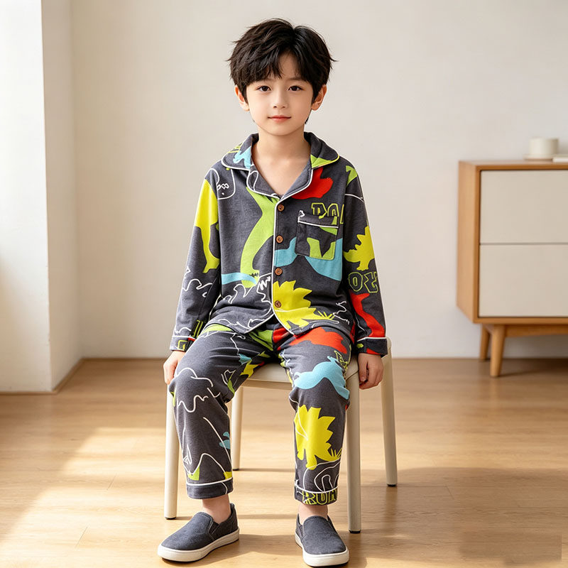 儿童翻领家居服套装秋冬水晶绒男童睡衣亲子款保暖加厚宝宝睡袍新