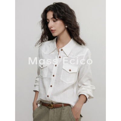 Mass Ecico春季工装100亚麻长袖衬衫女老钱风慵懒2026新款上衣