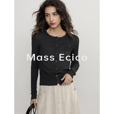 Mass Ecico春季圆领长袖针织开衫女修身弹力2026新款老钱风上衣