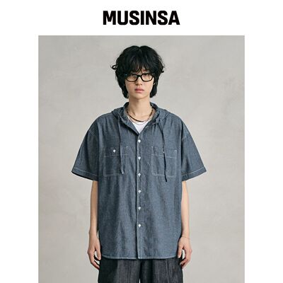DECET 蓝色连帽短袖衬衫 DCSH013 MUSINSA韩国直邮官方正品