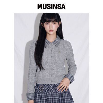 THE GREEN LAB 格纹翻领线缆开衫[麻灰色] MUSIN韩国官网直邮进口