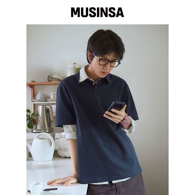 WOOALONG 透气棉质半宽松Polo衫 - 海军蓝 MUSIN韩国官网直邮进口
