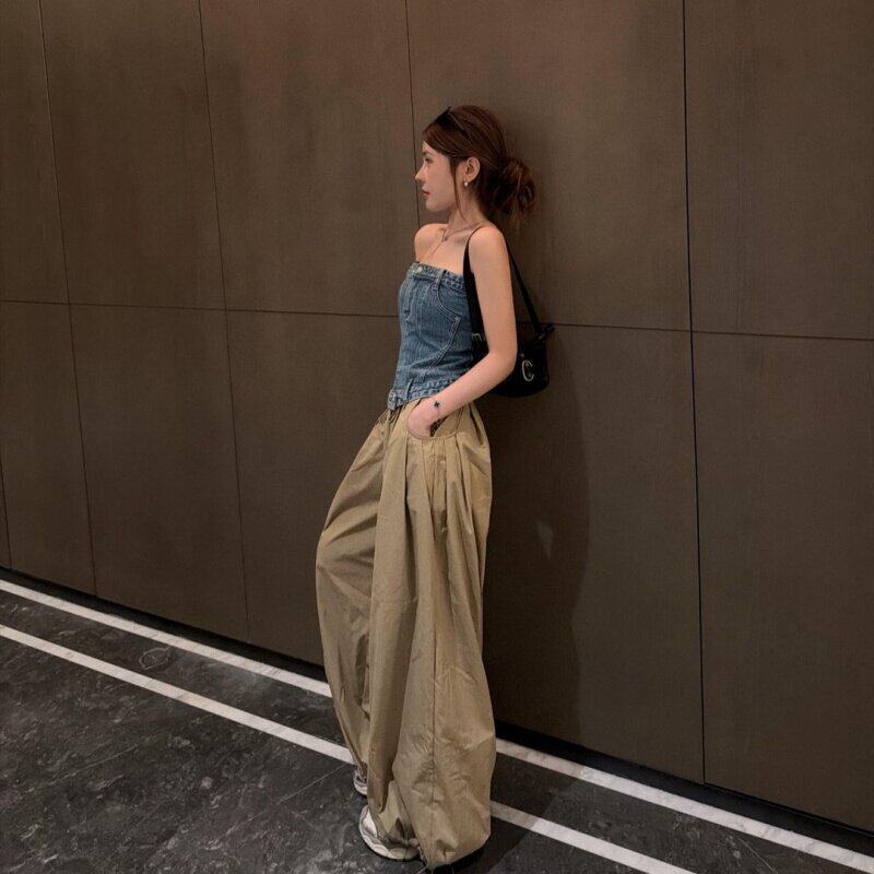 夏日ootd穿搭套装慵懒风显瘦牛仔抹胸上衣时尚百搭阔腿裤两件套女
