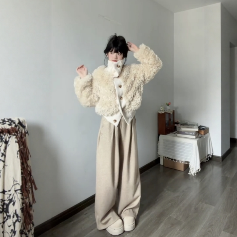 慵懒风时尚软糯立领羊羔毛外套女冬季休闲宽松百搭阔腿裤两件套装