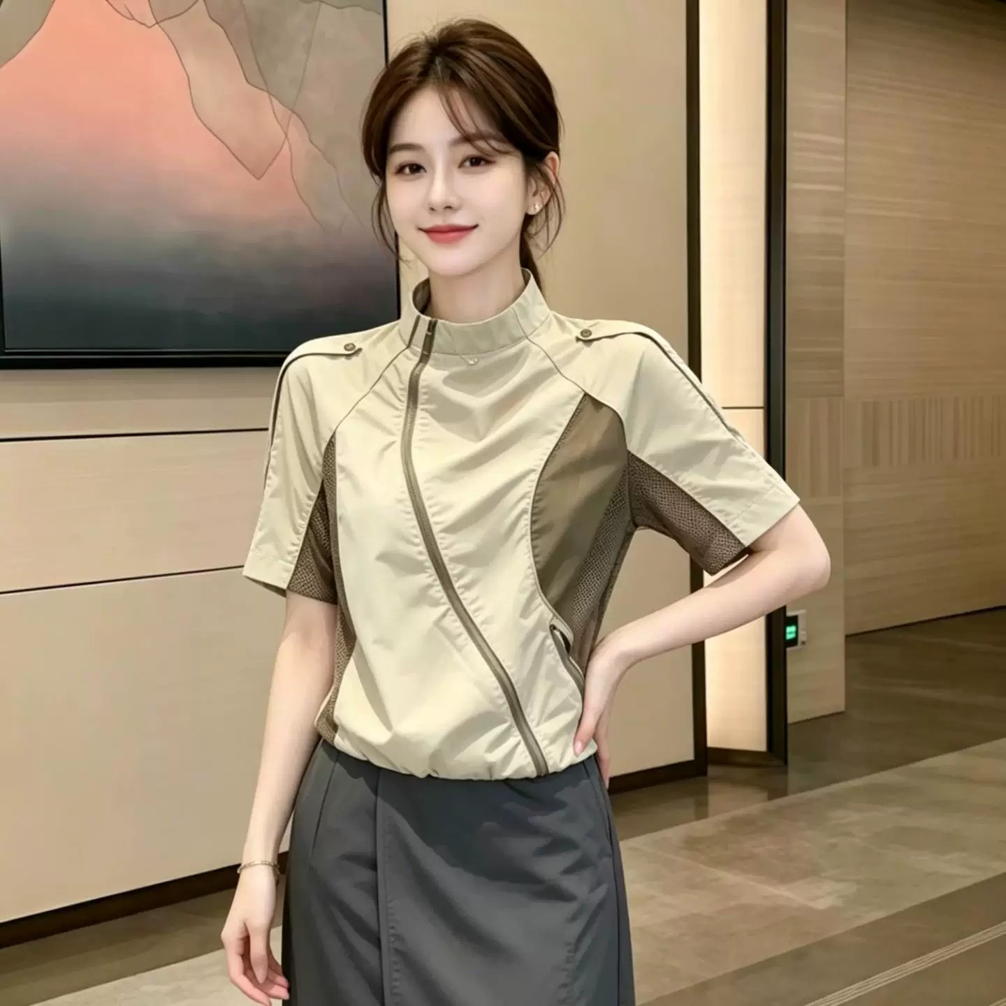 时尚休闲拼色外套女夏季新款小众机车风短袖百搭通勤防晒上衣