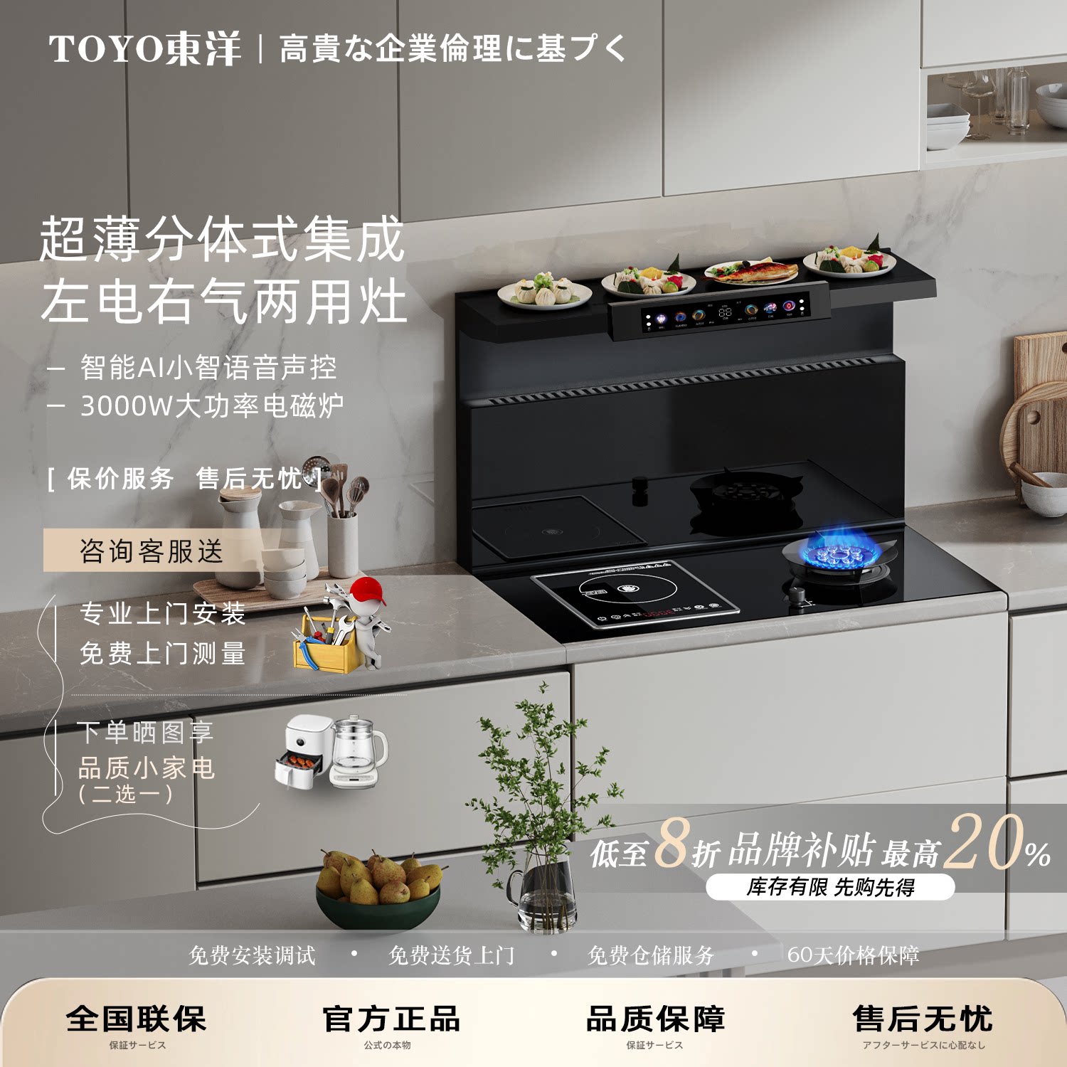 TOYO東洋(日本)分体式集成灶大吸力油烟机猛火纯电双灶顶部保温