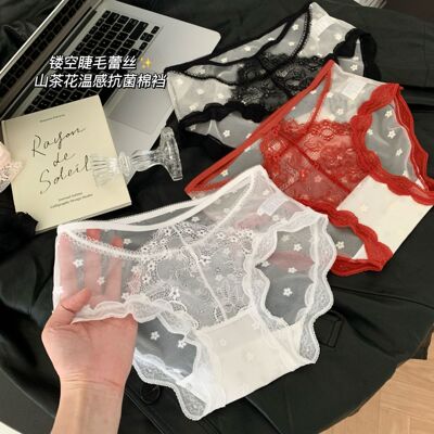 纯欲风镂空睫毛蕾丝内裤女中腰网纱三角内裤女士山茶花温感抗菌裆