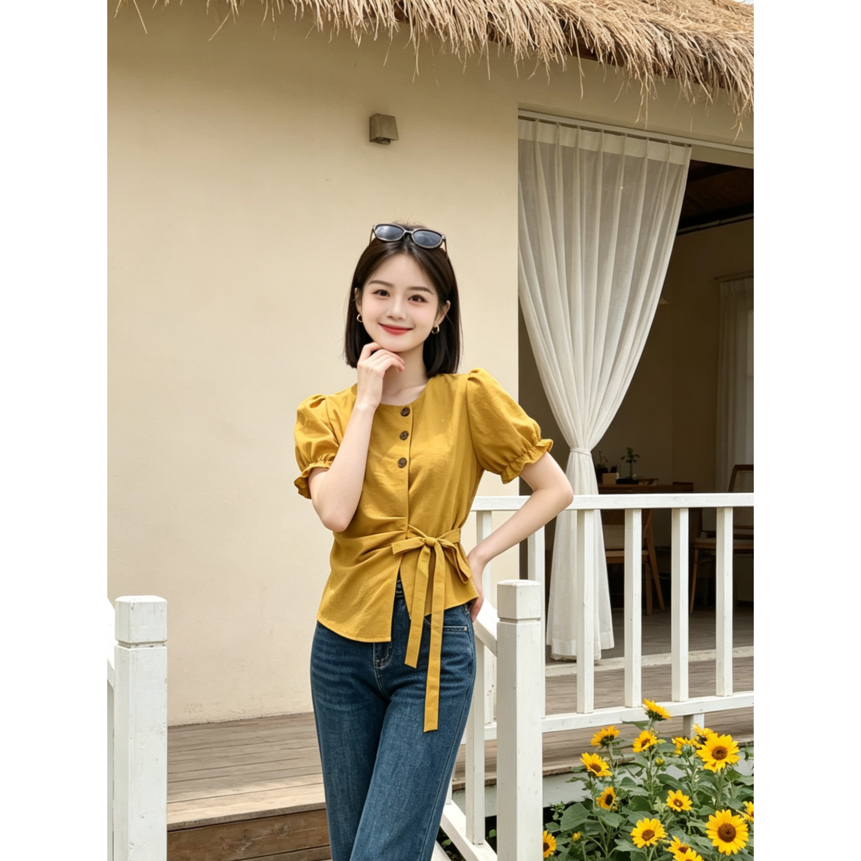 法式泡泡袖系带衬衫女夏季新款设计感收腰显瘦百搭短袖上衣