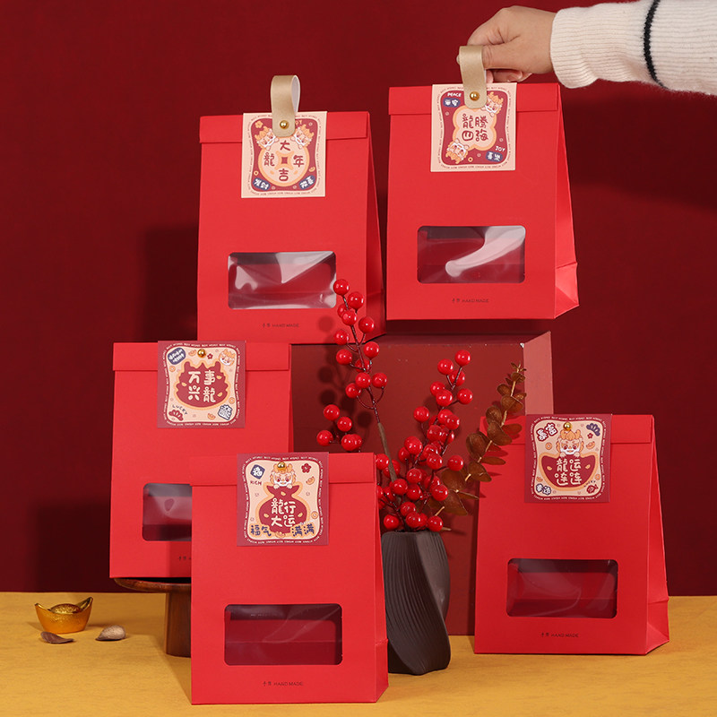 龙年开窗自立纸袋2024新年纸卡雪花酥包装袋年货食品礼品袋伴手礼